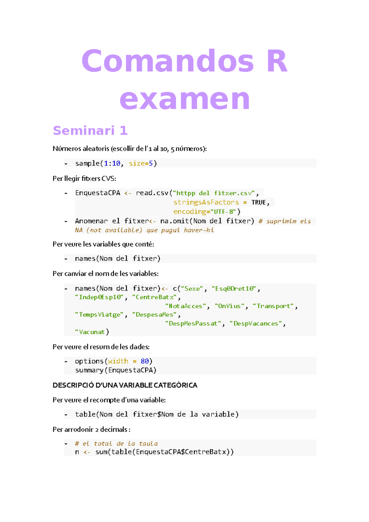 Comandos R examen - Codis per poder desenvolupar tasques i seminaris ...
