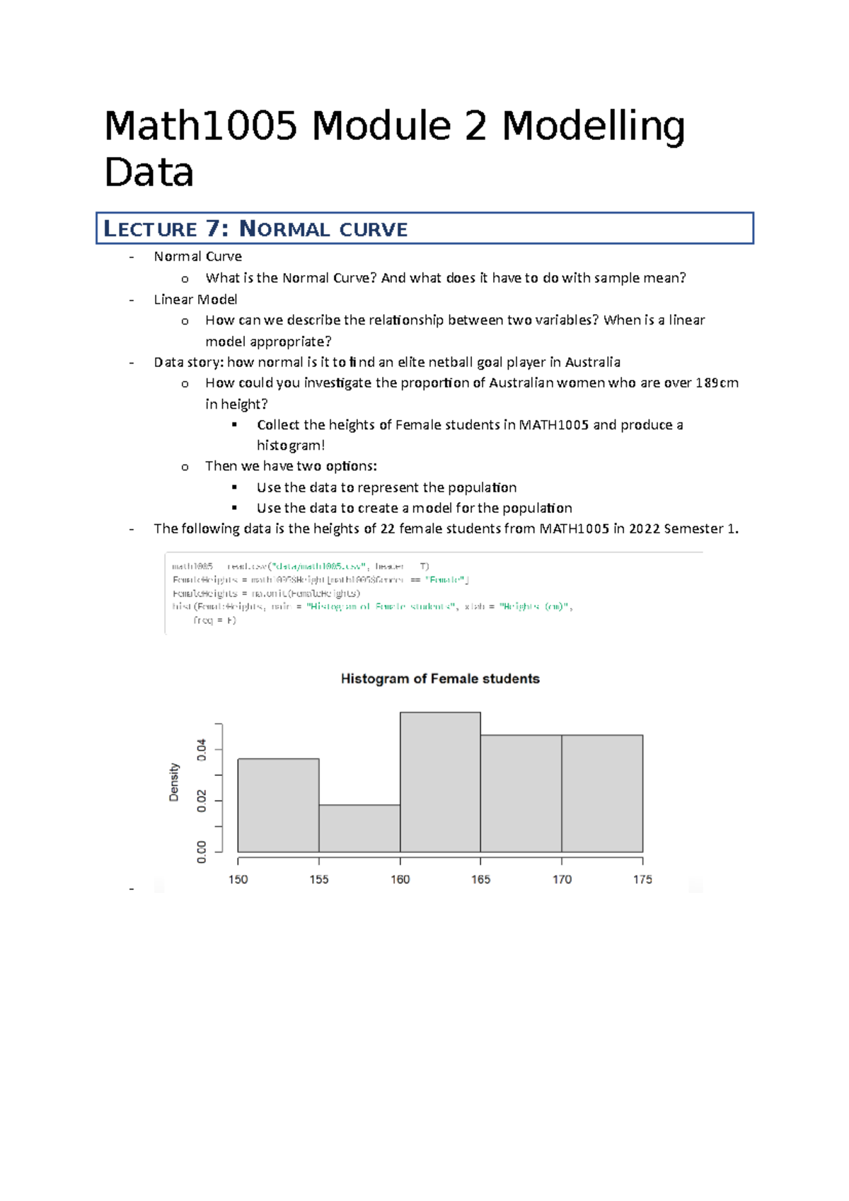 Math1005 Module 2 Modelling Data - Math1005 Module 2 Modelling Data LECTURE 7: NORMAL CURVE ...