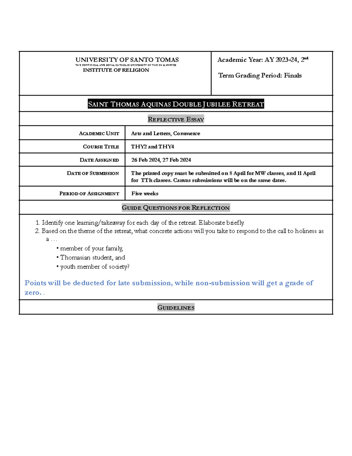 THY2 Reflection Paper - UNIVERSITY OF SANTO TOMAS THE PONTIFICAL AND ROYAL CATHOLIC UNIVERSITY ...