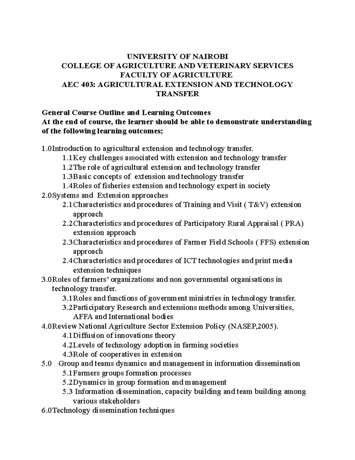 AEC 403 Course Outline - Lecture notes 1 - UNIVERSITY OF NAIROBI ...