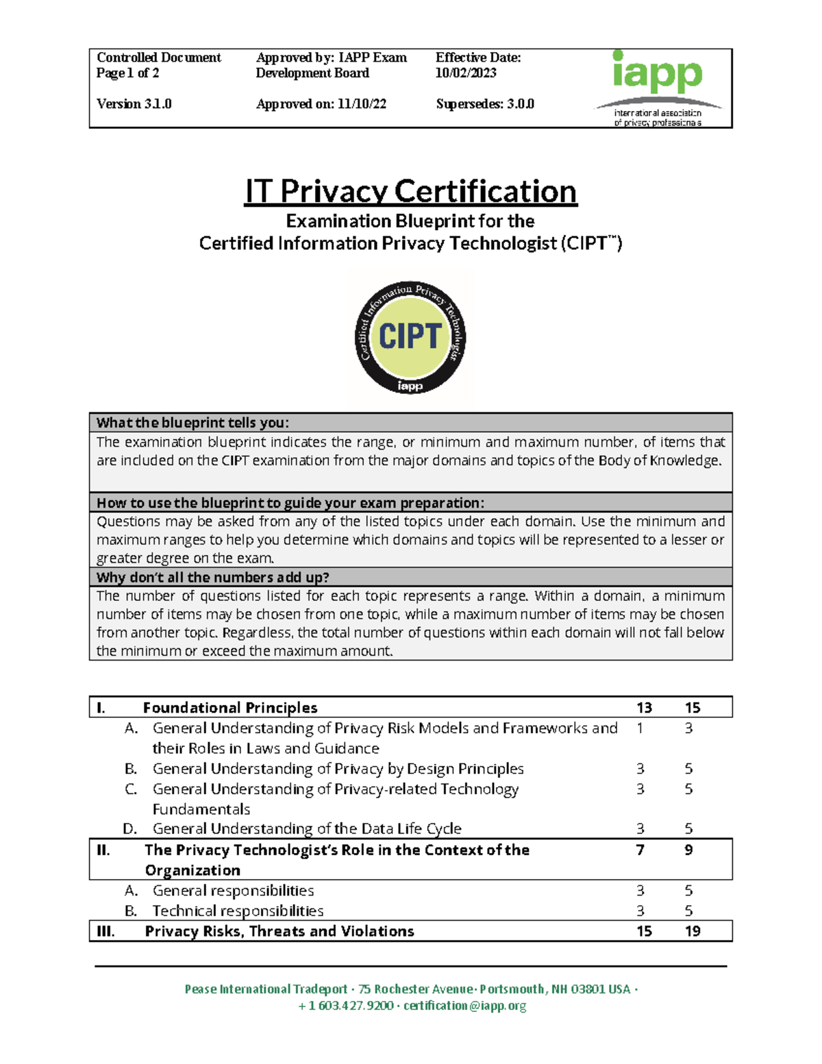 CIPT Exam Blueprint Version 3 - Controlled Document Page 1 of 2 Version ...