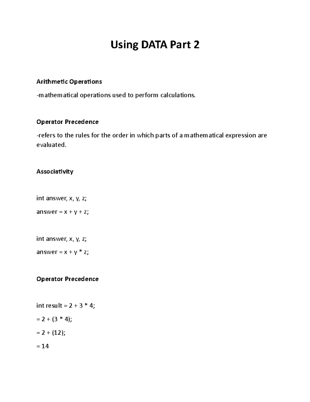 Using Data In Programming Part 2 Using Data Part 2 Arithmetic Operations Mathematical