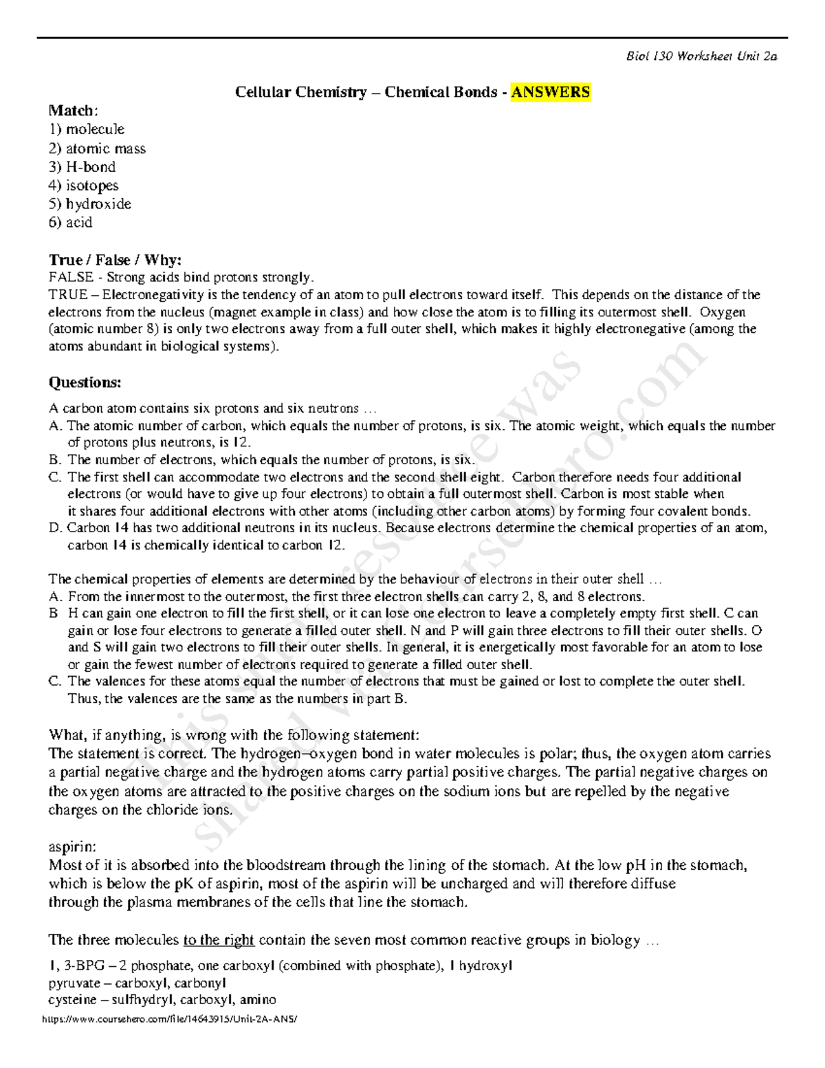 Cellular Chemistry - Chemical Bonds Review - Biol 130 Worksheet Unit 2a ...