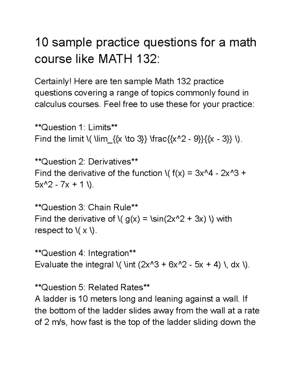 Untitled document (16) - 10 sample practice questions for a math course ...