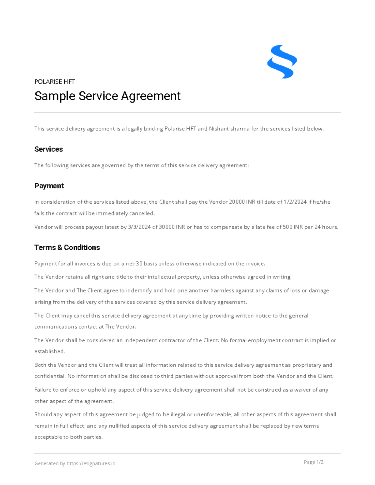 Sample Service Agreement - POLARISE HFT Sample Service Agreement This ...