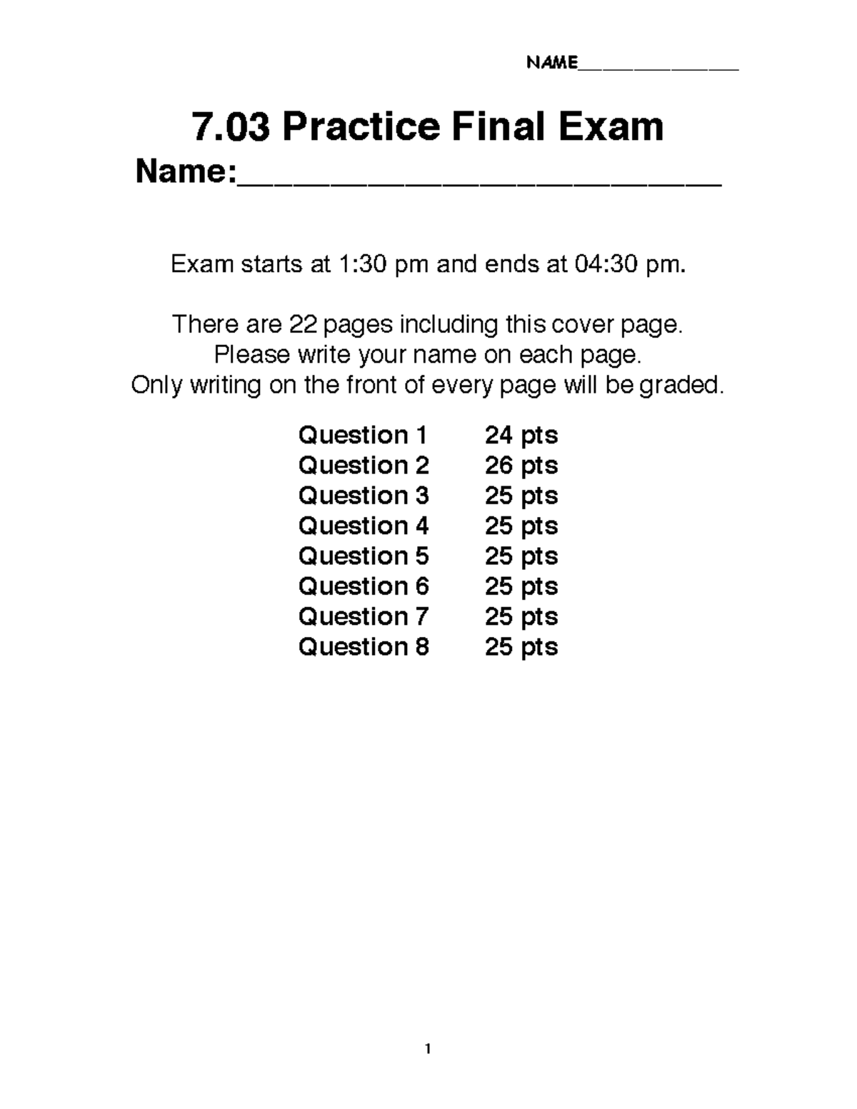 Final Exam Questions - 7 Practice Final Exam Name ...