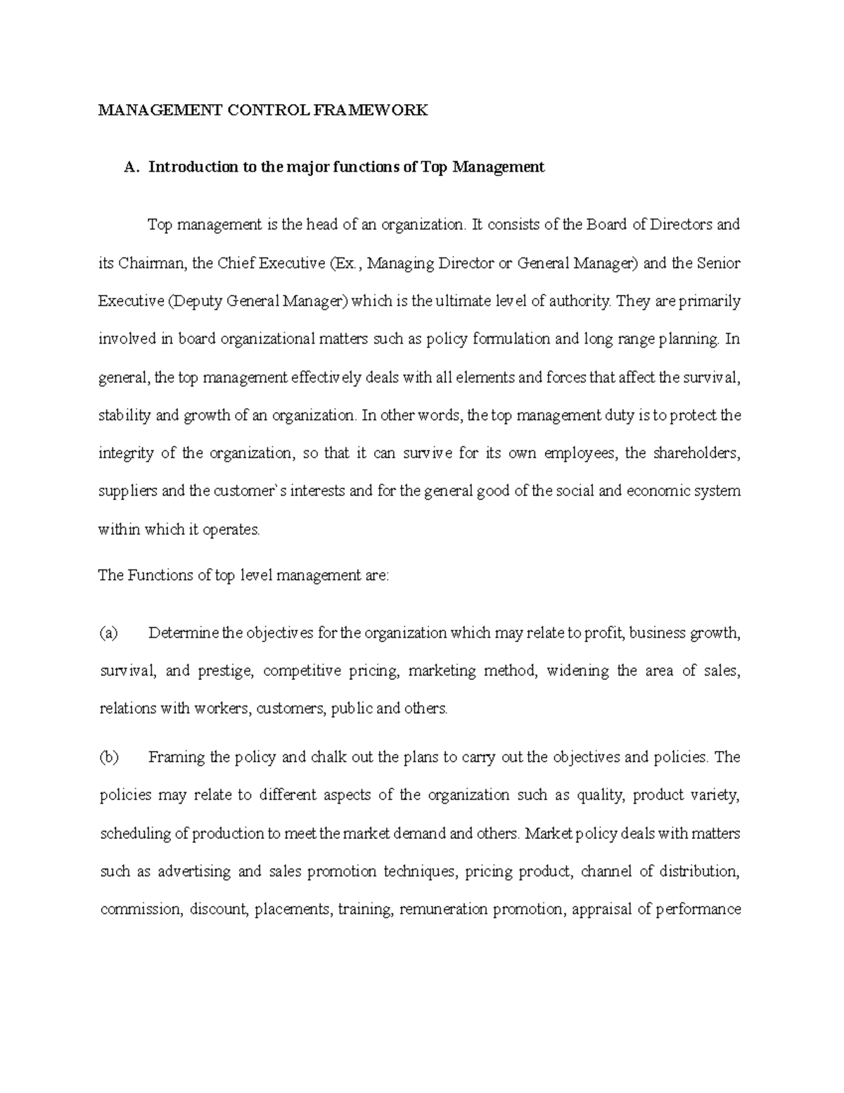 Business Management Control Framework - MANAGEMENT CONTROL FRAMEWORK A ...