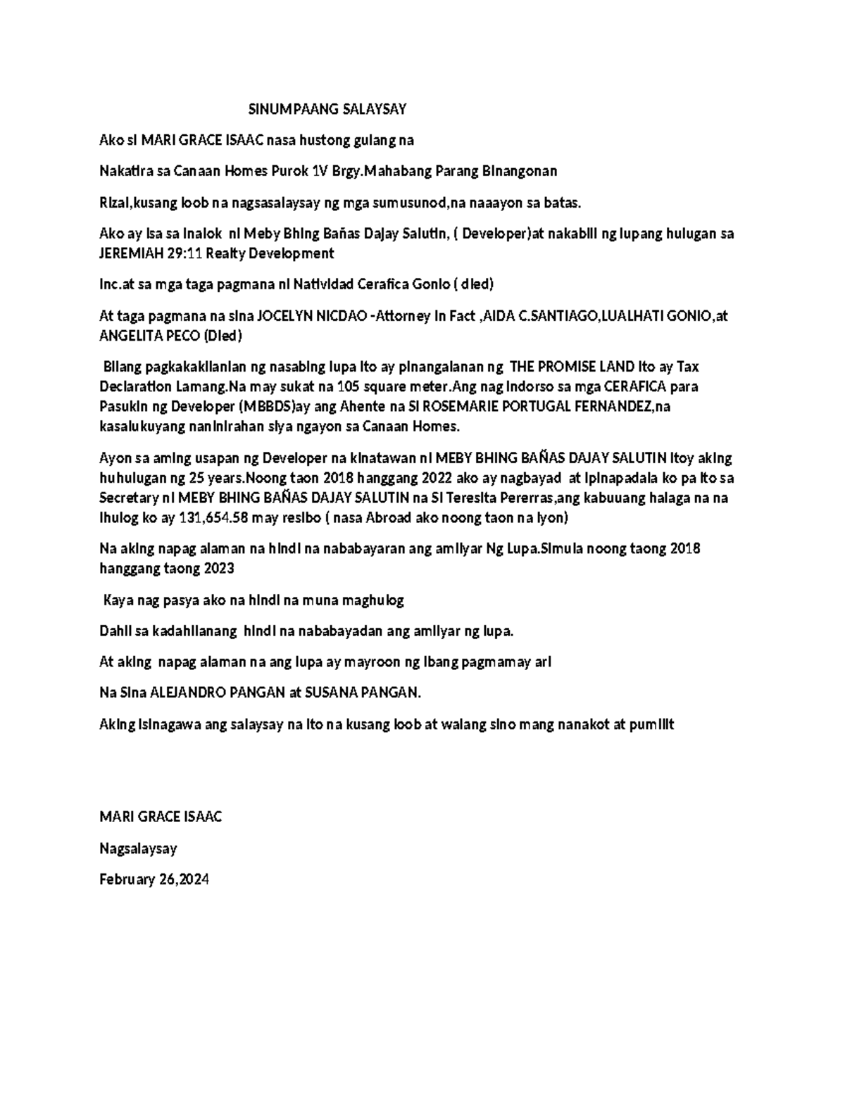 Grace - bnnnn - SINUMPAANG SALAYSAY Ako si MARI GRACE ISAAC nasa ...