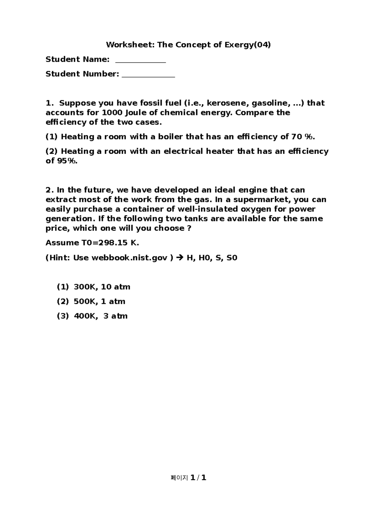 Worksheet-Exergy - Worksheet: The Concept of Exergy(04) Student Name ...
