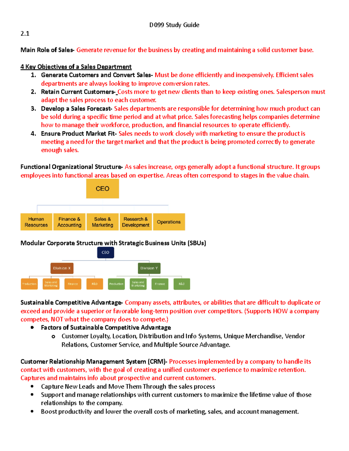 D099 Study Guide - Main Role of Sales- Generate revenue for the ...