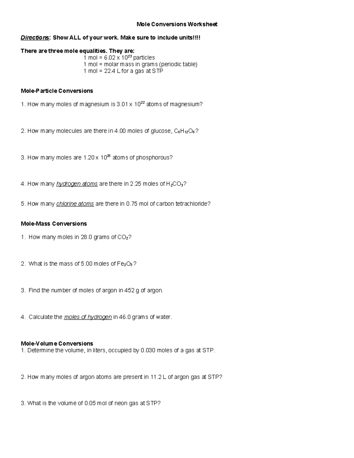 Mole conversion ws - mole - Mole Conversions Worksheet Directions: Show ...