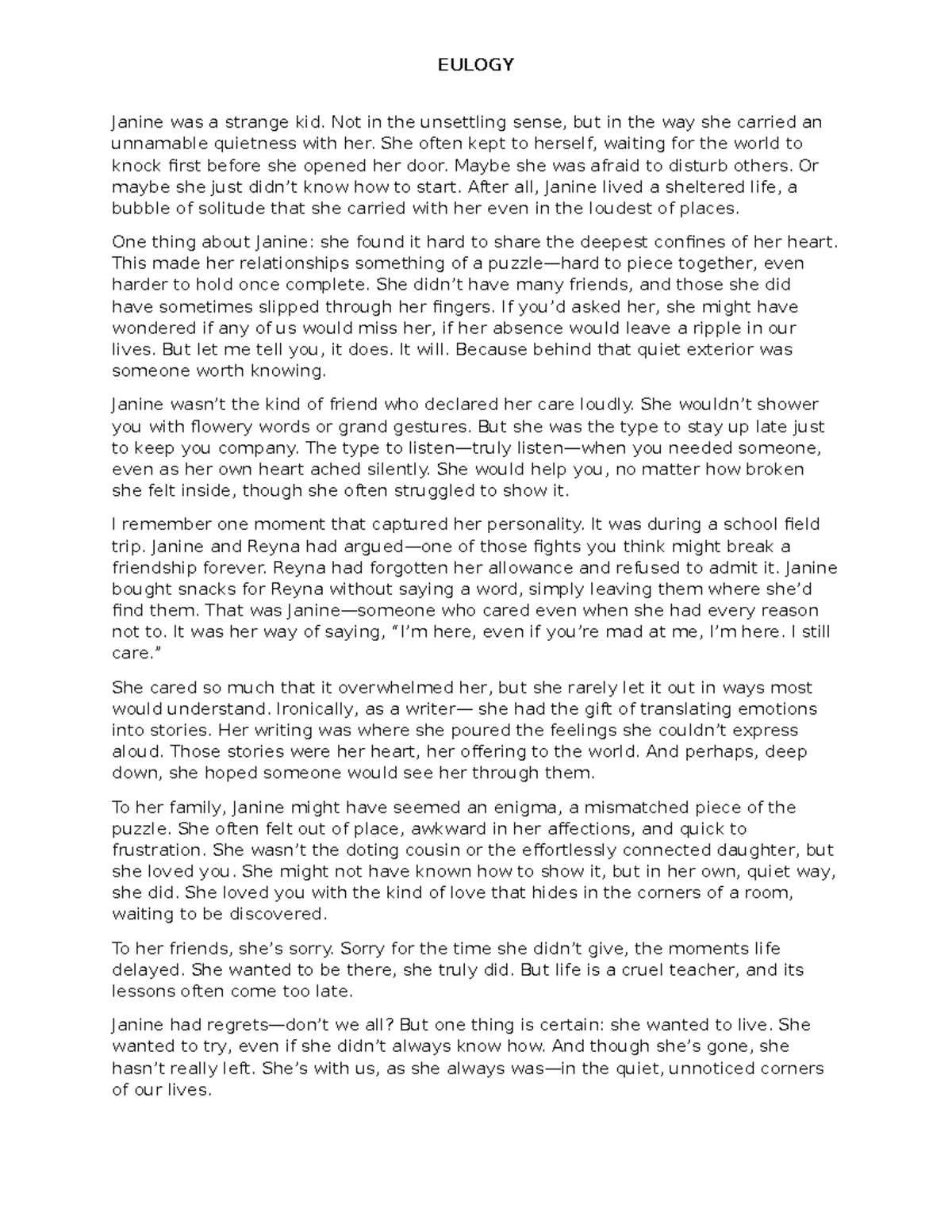 Eulogy - It's from lecture notes in our school. - EULOGY Janine was a ...