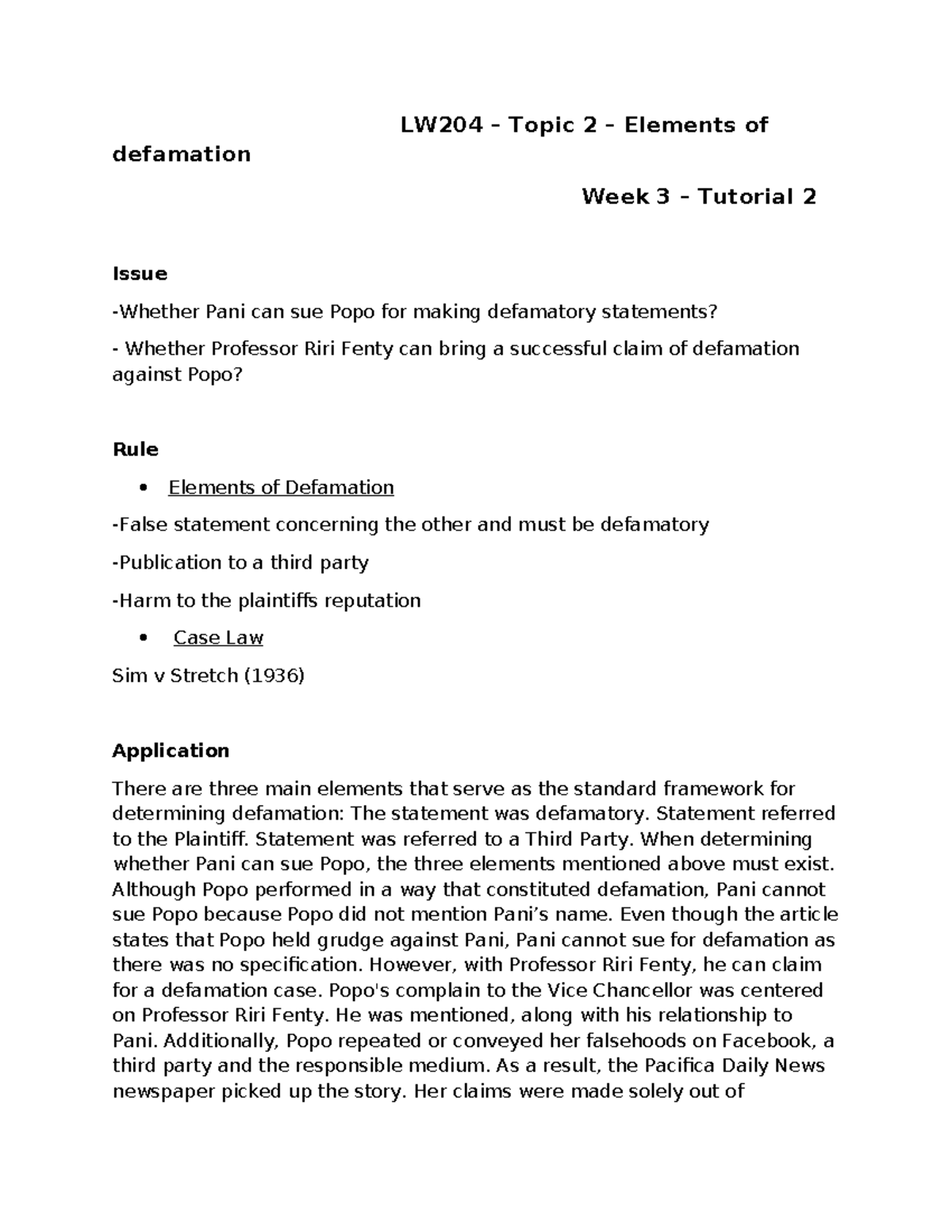 LW204 – Topic 2 – Week 3 - Elements of defamation - LW204 – Topic 2 – Elements of defamation ...