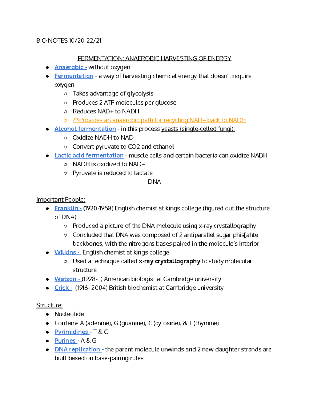 BIO Notes fermentation of energy - BIO NOTES 10/20-22/ FERMENTATION ...
