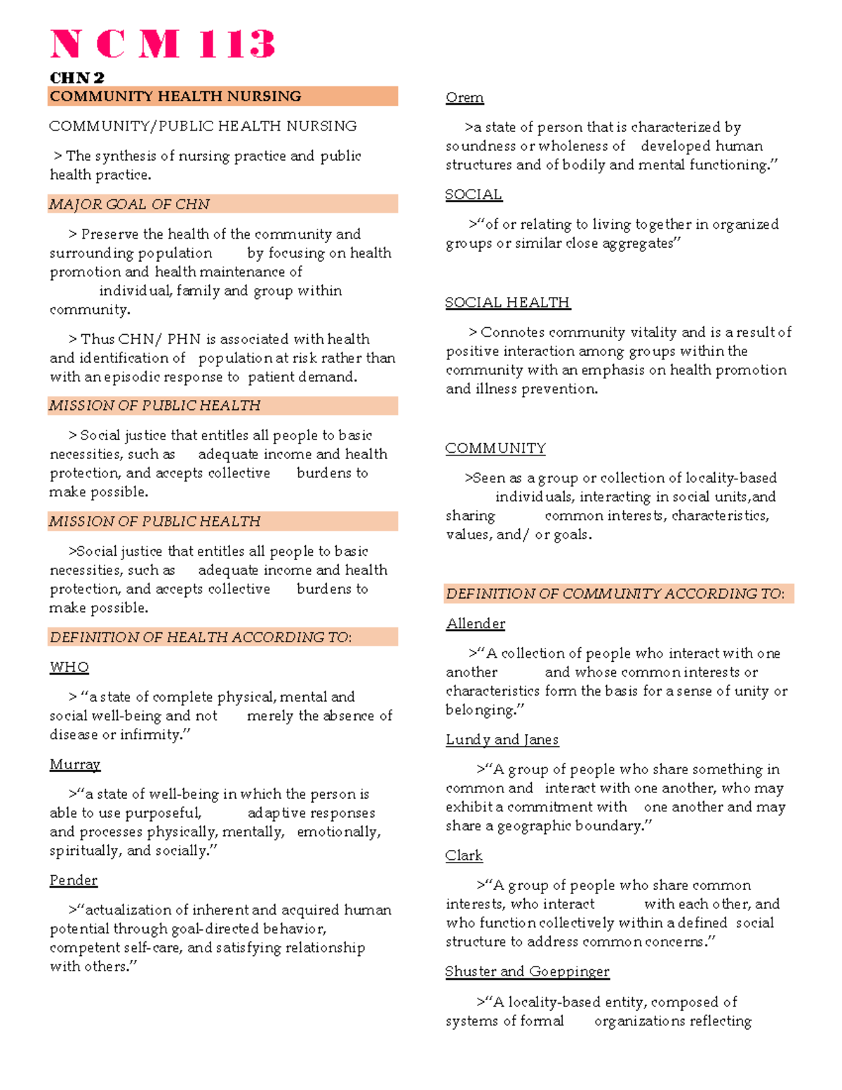 Chn2prelims 1 - review notes for the prelims of ncm 113 - CHN 2 ...