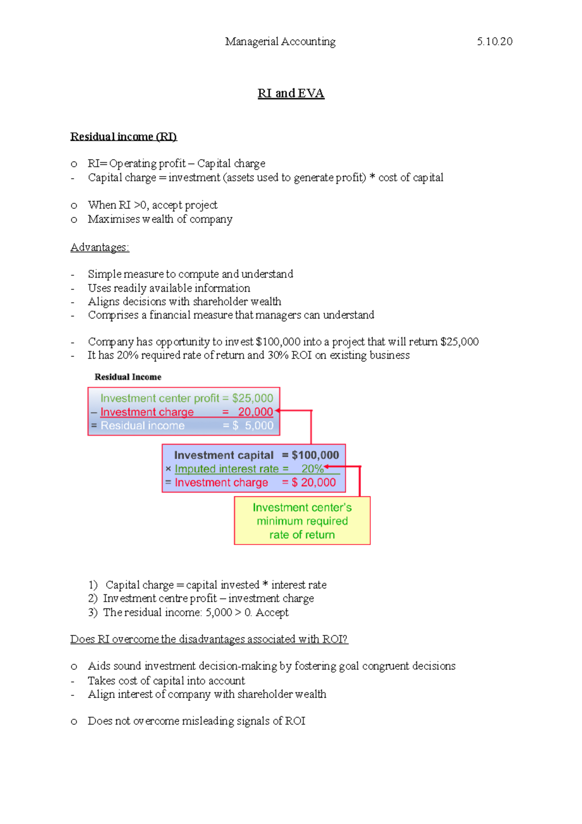 RI and EVA notes - Managerial Accounting 5. RI and EVA Residual income ...