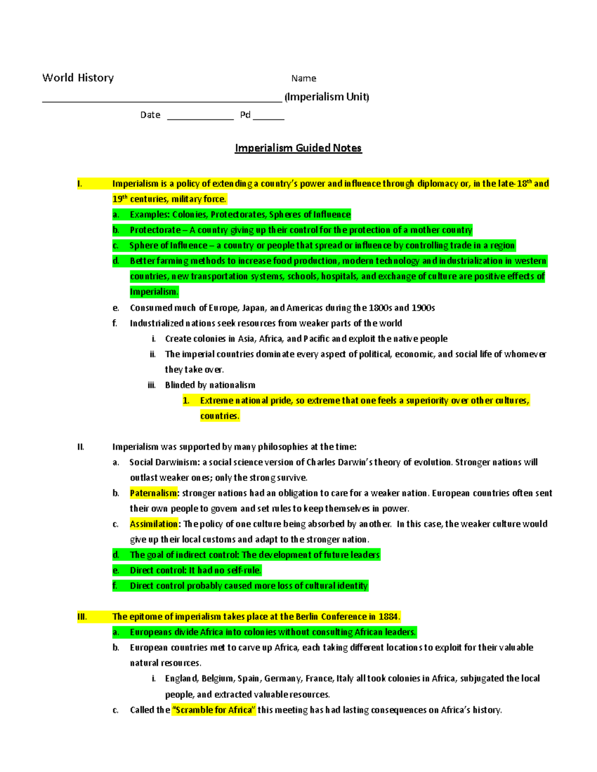 KEY+ Imperialism+ Notes - World History Name