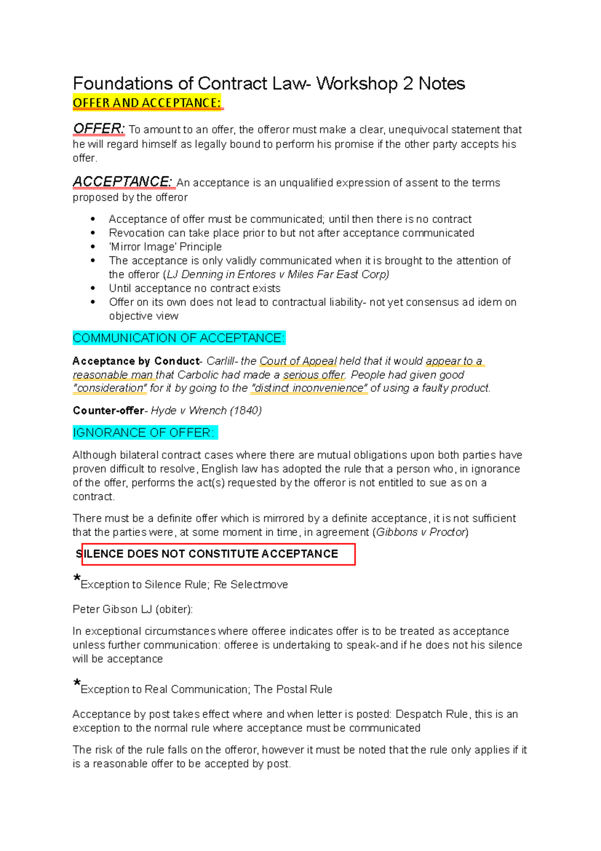 Contract 2 - Notes on the concepts of offer and acceptance ...