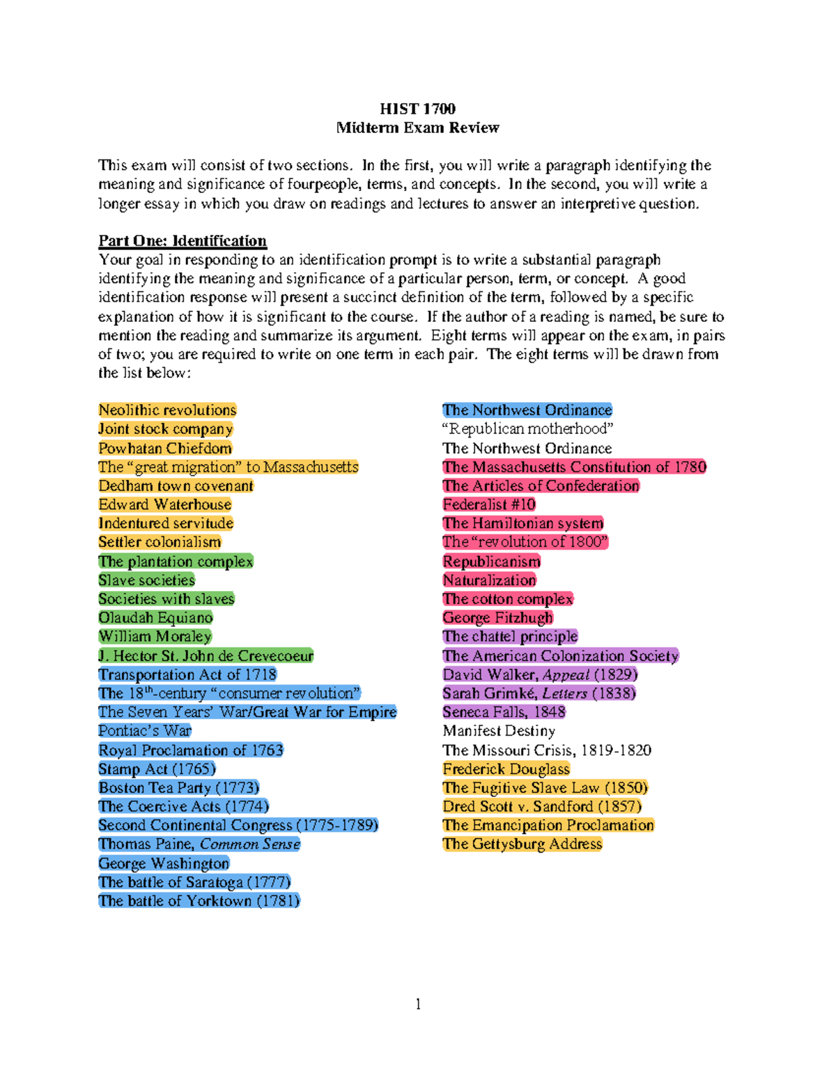 Midterm-Exam-Review - Midterm exam review sheet. - HIST 1700 Midterm ...