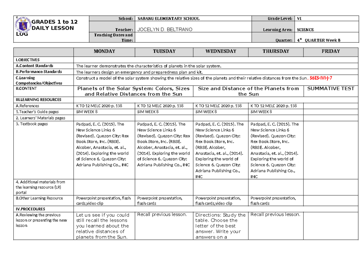 SCI-6 DLL WEEK-8 Q4 - daily lesson log in science 6 - 6 GRADES 1 to 12 ...