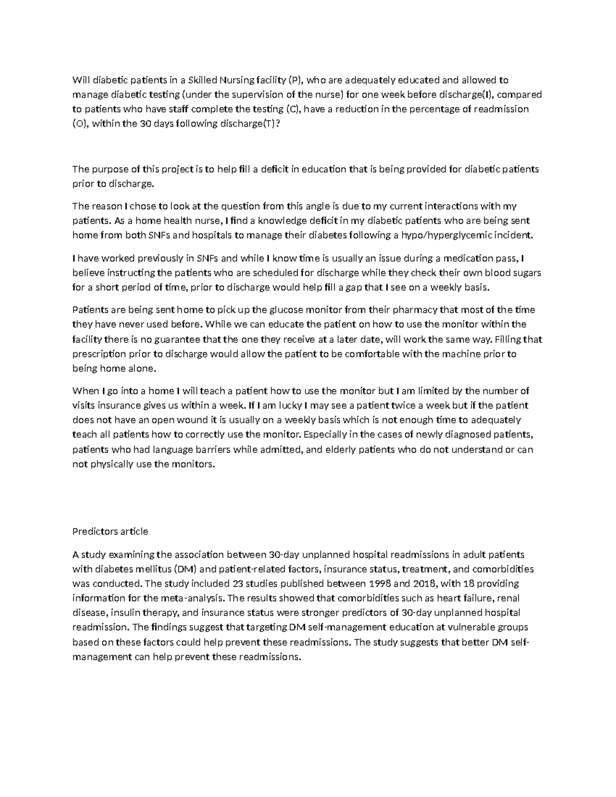 Picot question - Assignments leading up to the final capstone - Will ...