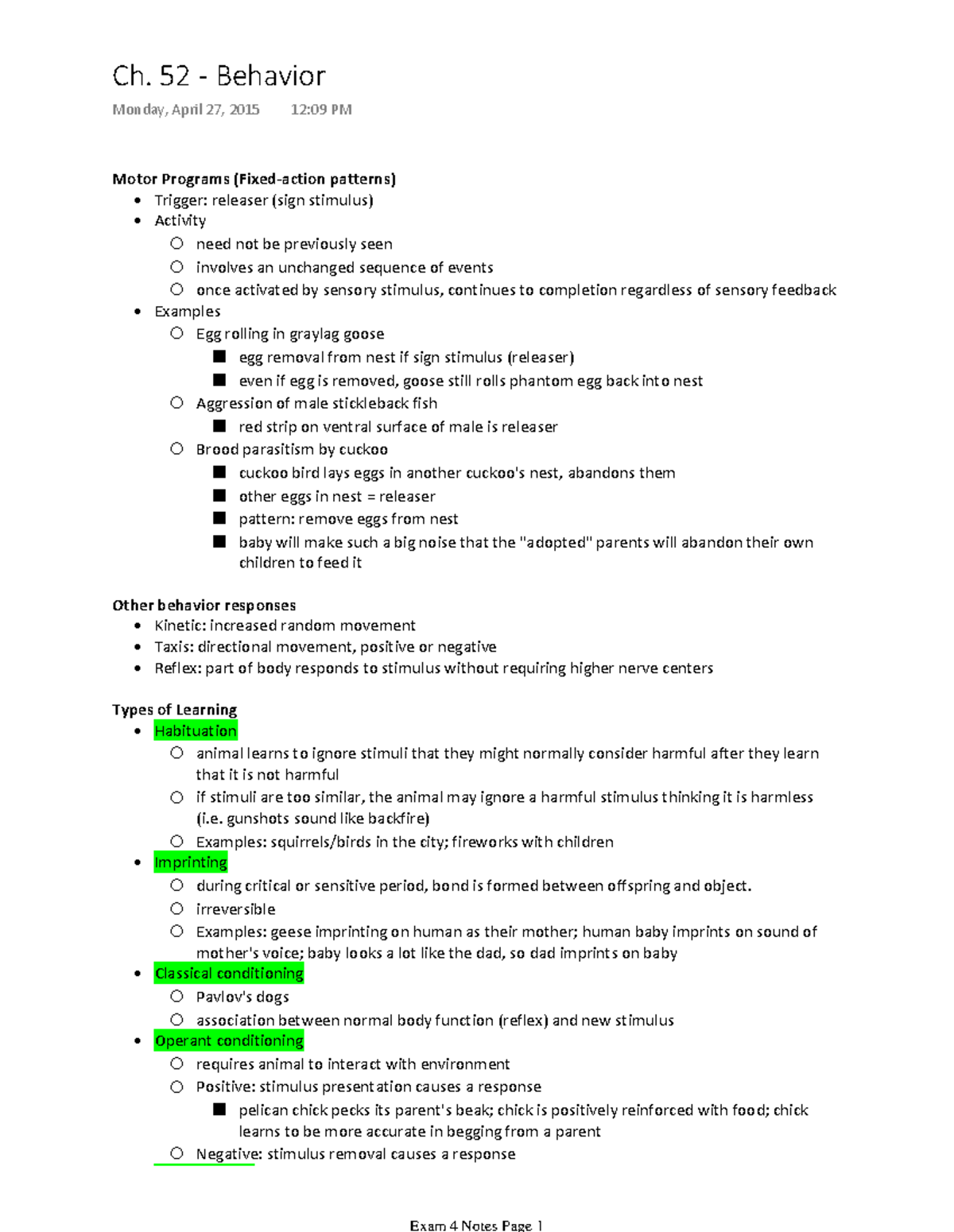 Ch. 52 - Behavior - Lecture notes 24 - Ch. 52 - Behavior Monday, April ...