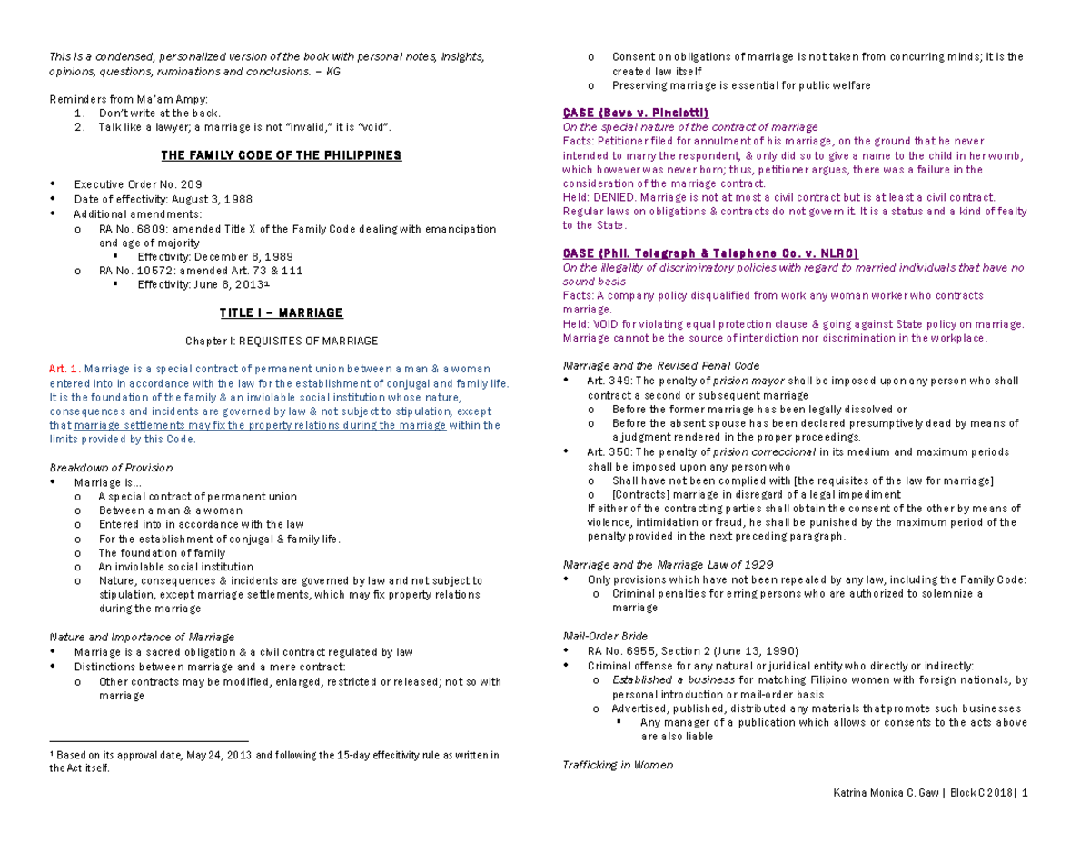 Family CODE OF THE Philippines - Final - This is a condensed ...