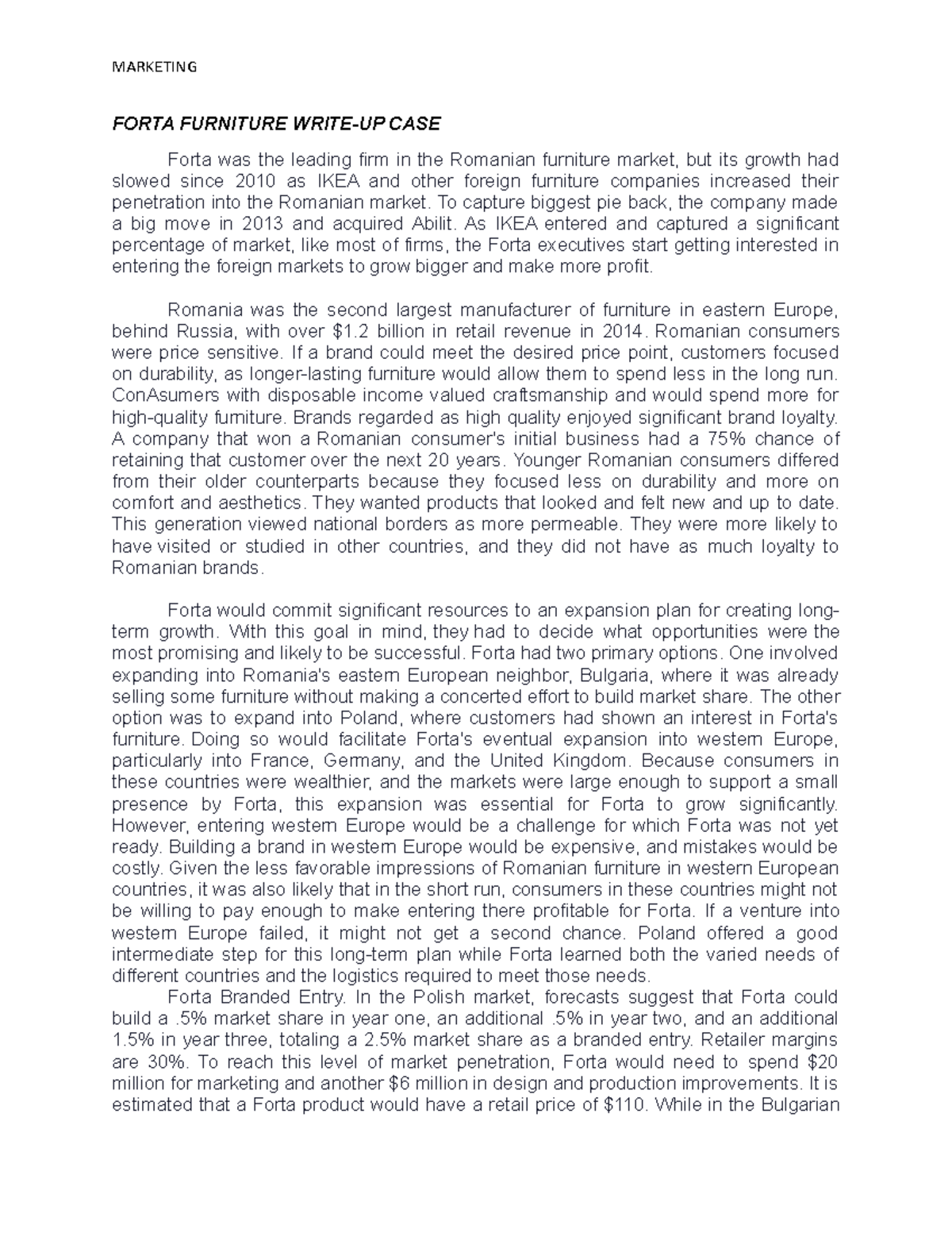 Forta Furniture Write-UP CASE - Marketing Management - SLU - Studocu