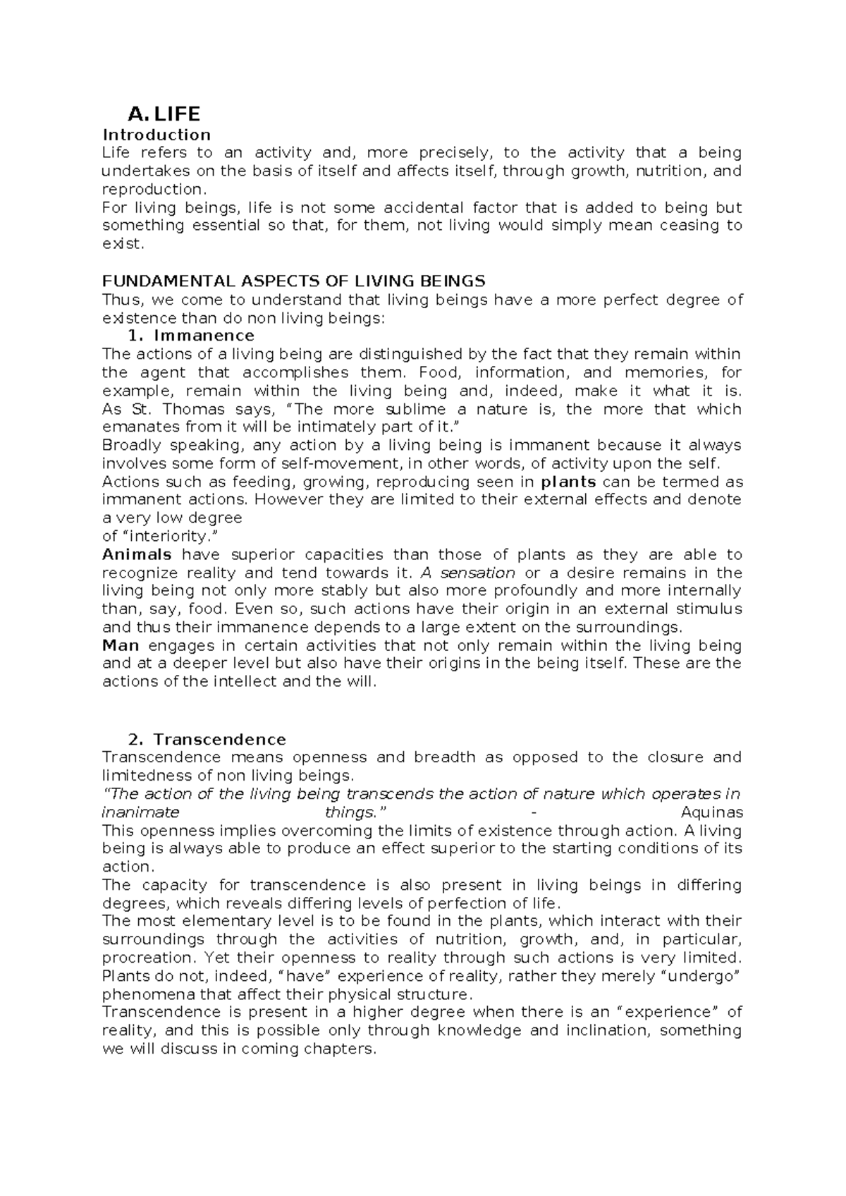 LIFE - A. LIFE Introduction Life refers to an activity and, more ...