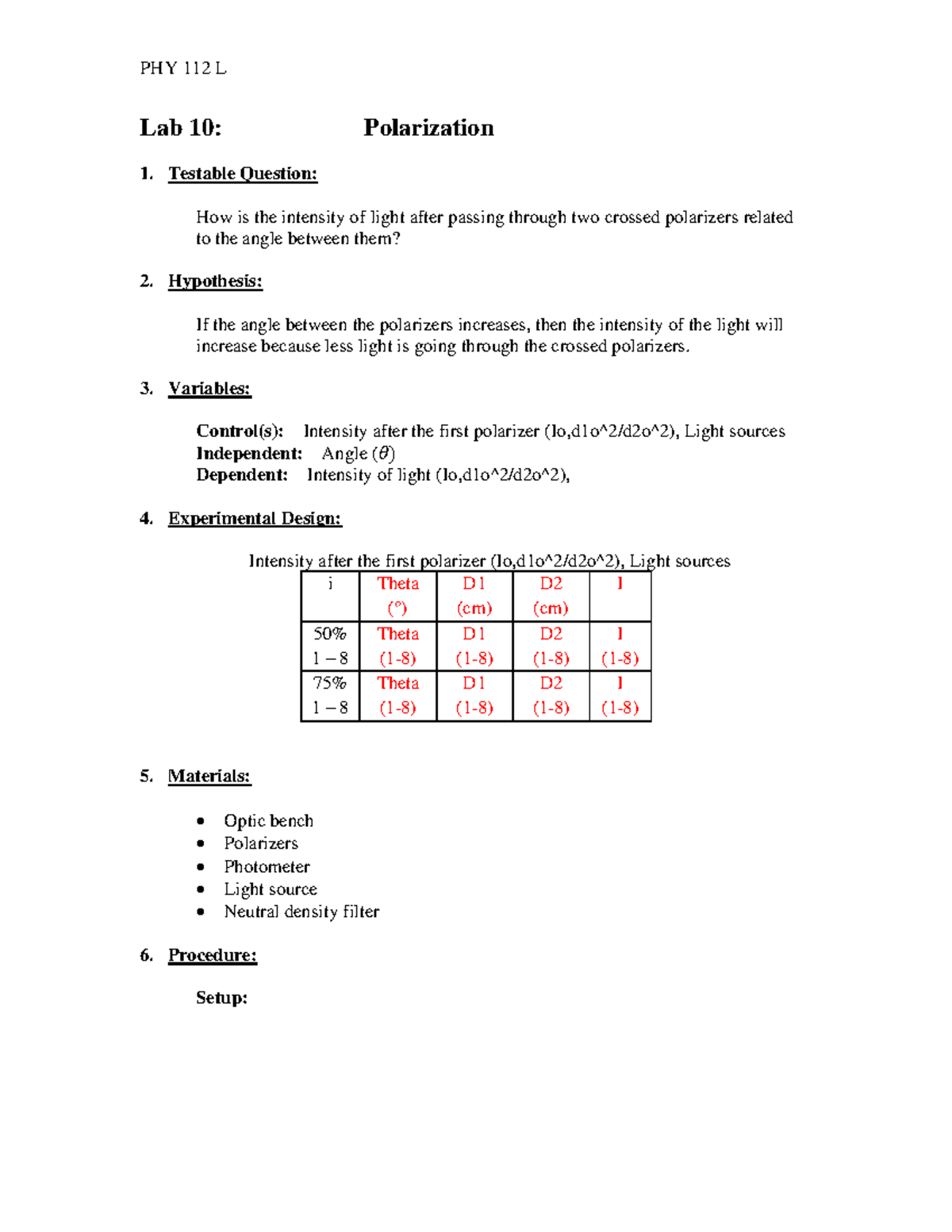 Lab 10-Polarization - lab - Lab 10 : Polarization 1. Testable Question ...