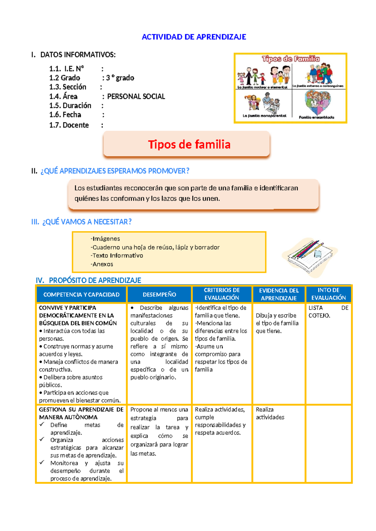 Sesion PS. Tipos de familia - ACTIVIDAD DE APRENDIZAJE I. DATOS INFORMATIVOS: 1. I. Nº : 1 Grado ...
