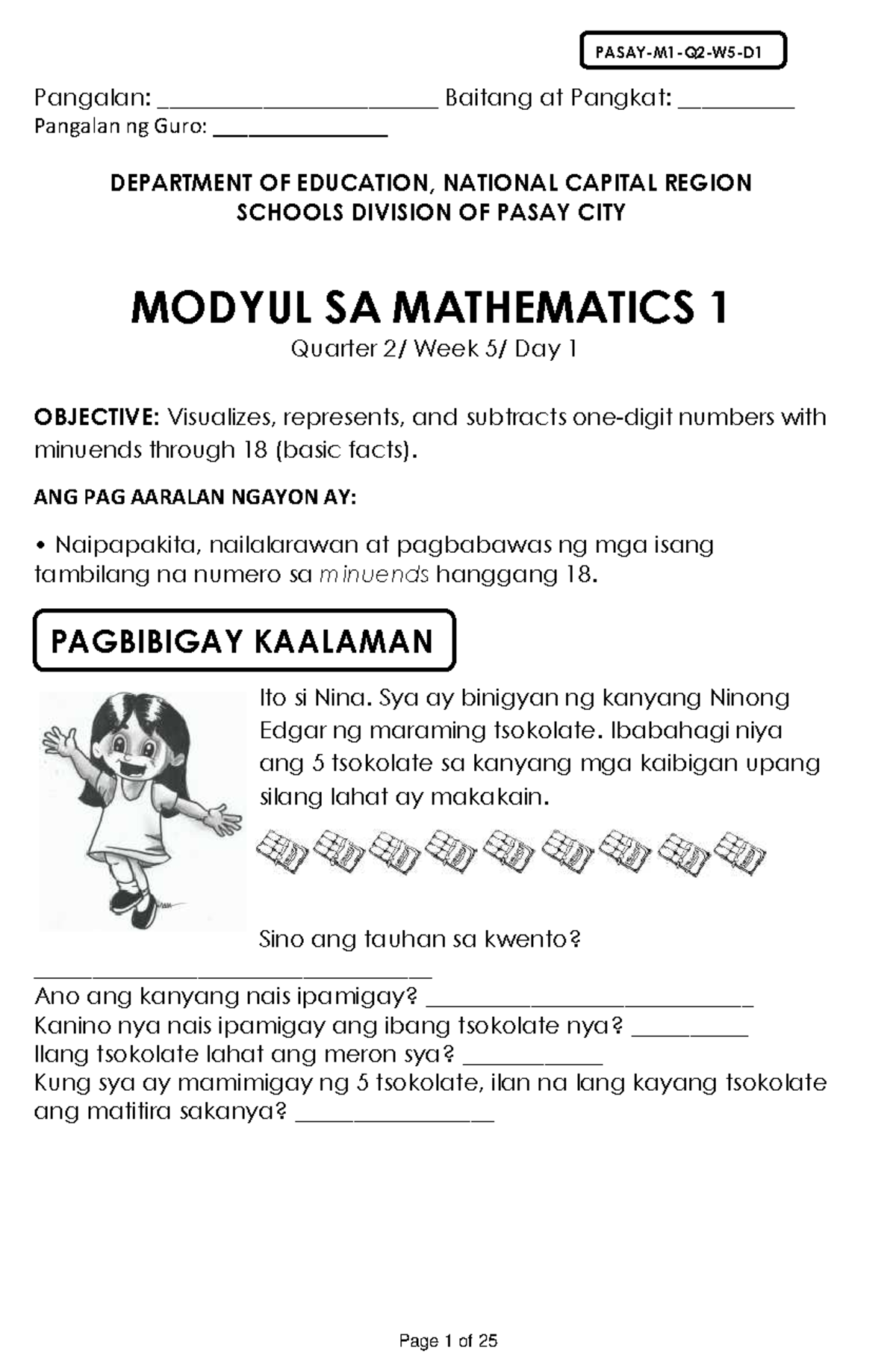 Mathematics Quarter 2 Week 5 for Grade 1 - Pangalan: ________________________ Baitang at Pangkat ...