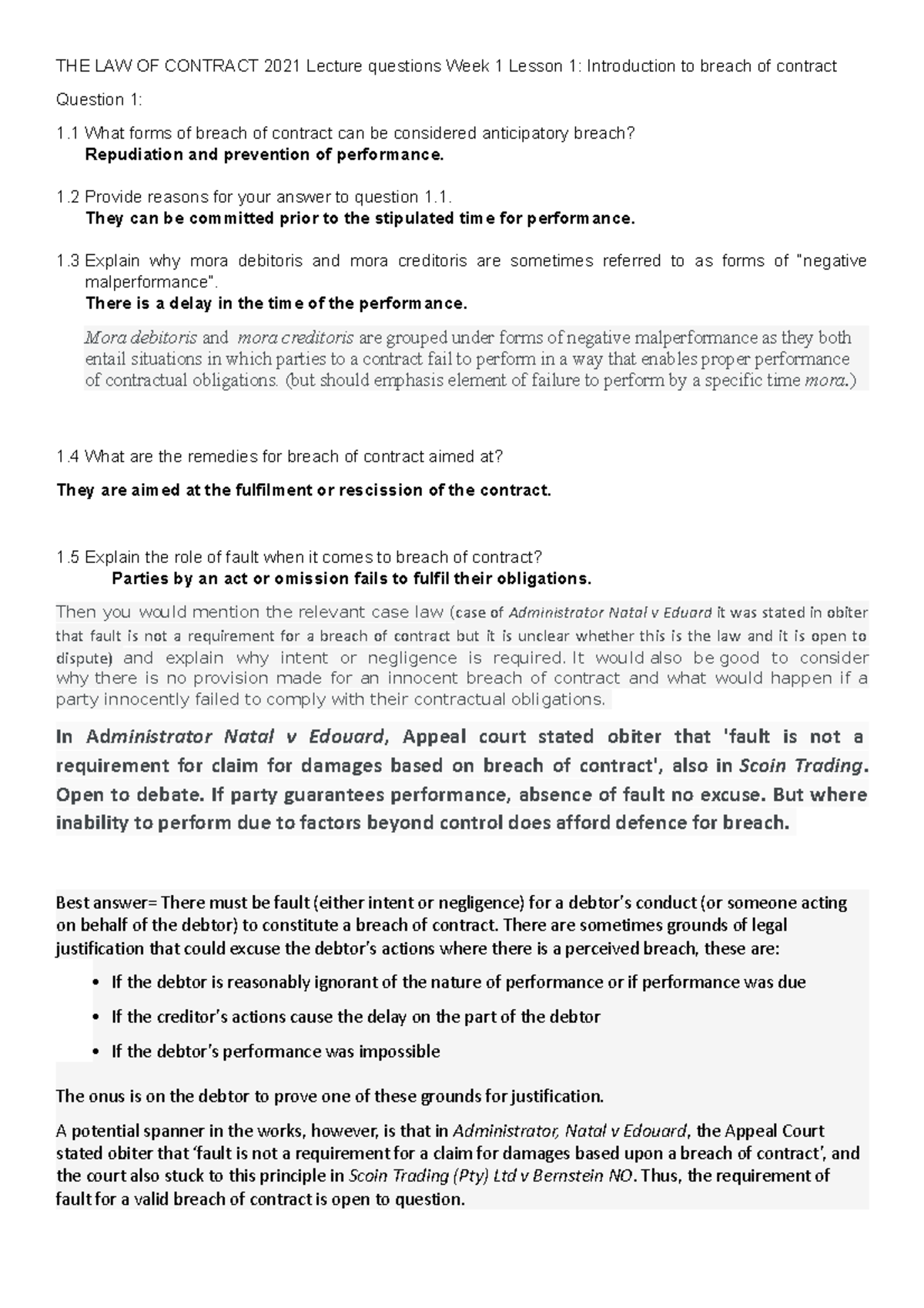 Contract QA's for sem 2- all 4 exam - THE LAW OF CONTRACT 2021 Lecture ...