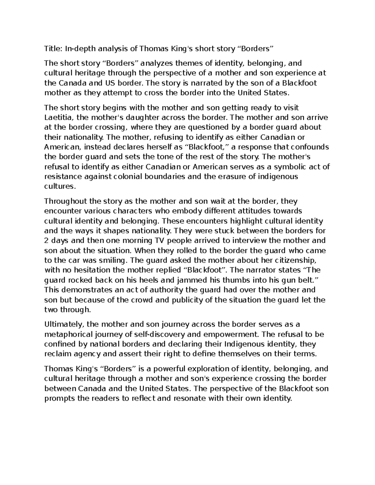 Borders summary - Title: In-depth analysis of Thomas King's short story ...