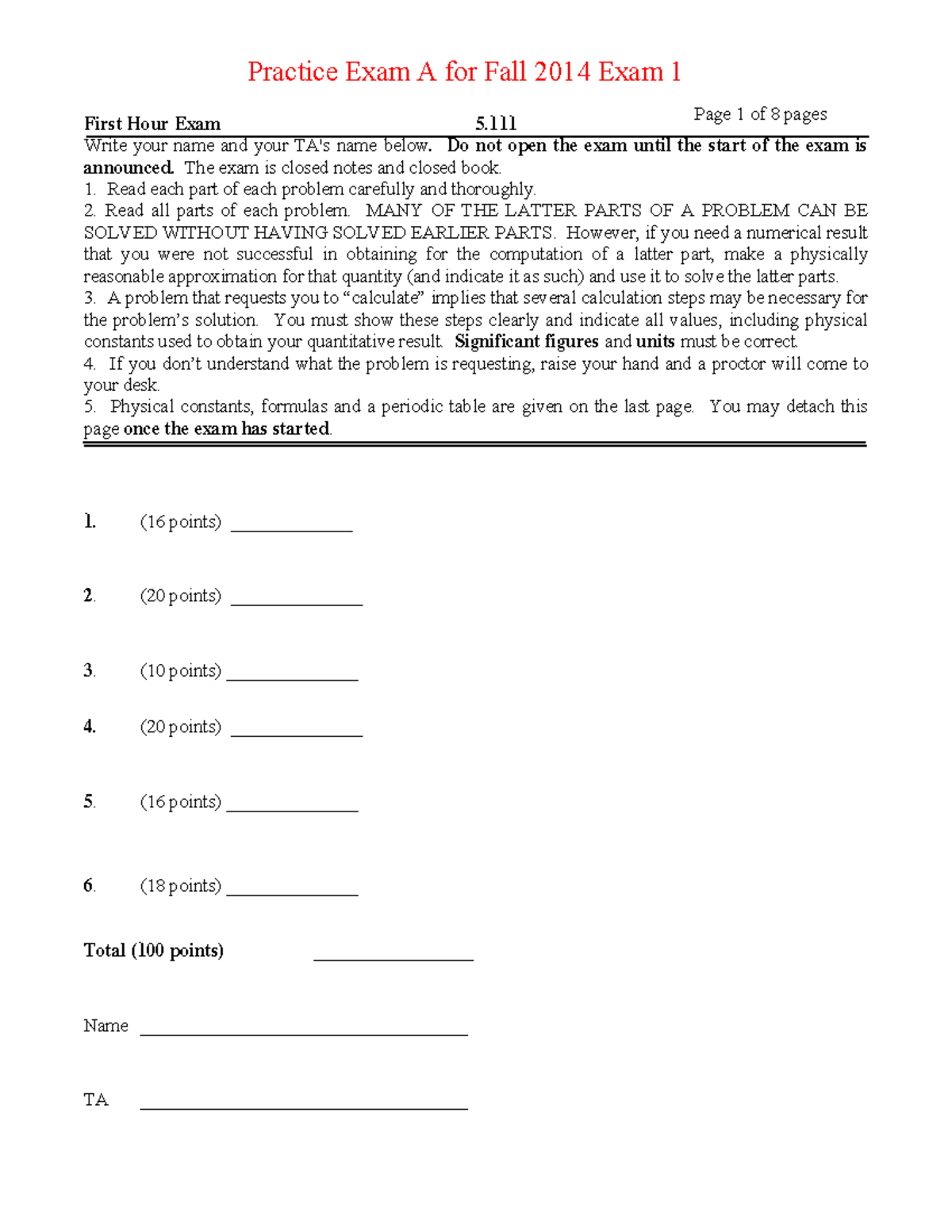 Practice Exam 1 - past paper - Practice Exam A for Fall 2014 Exam 1 ...