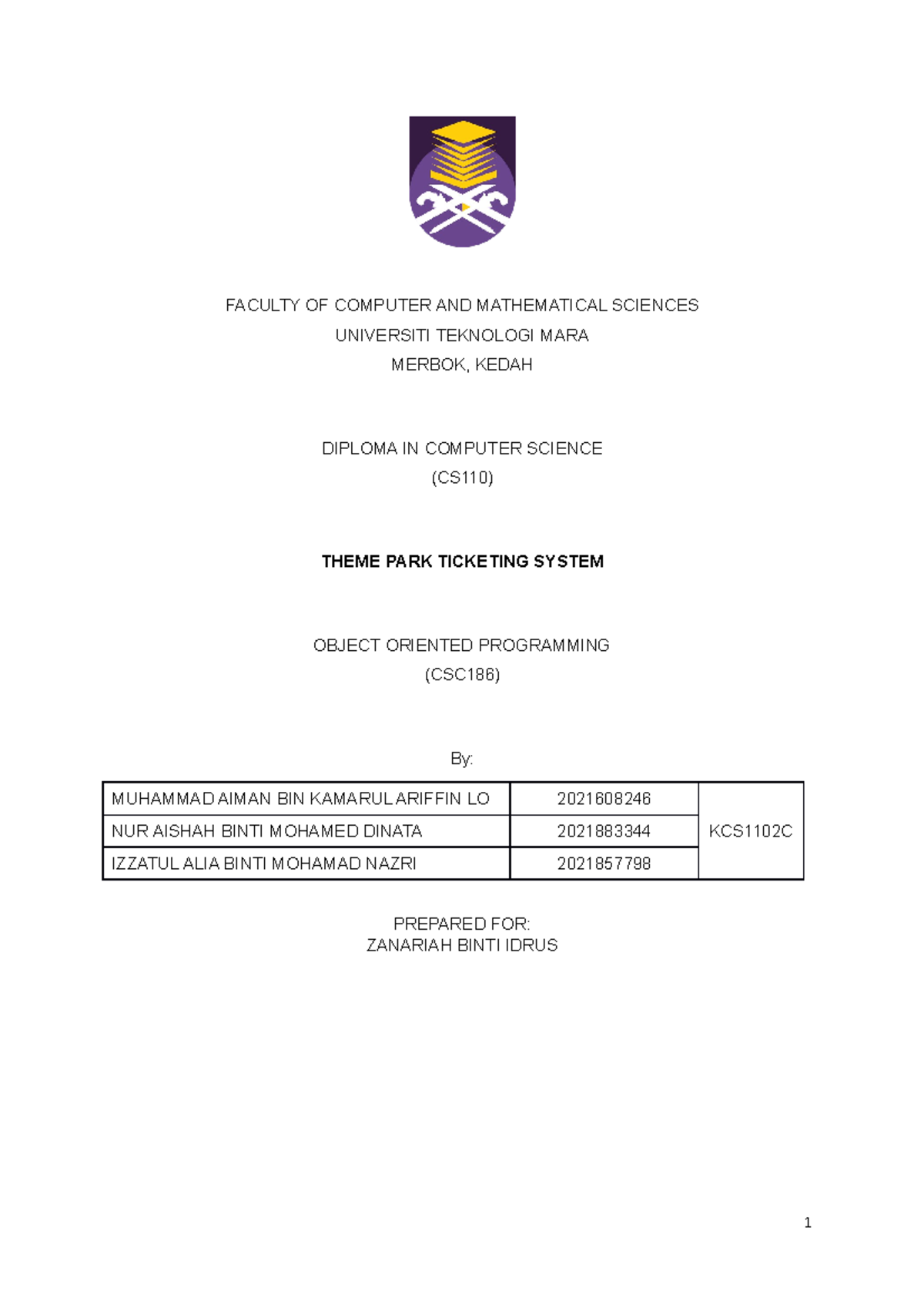 Csc186 Group Project Final Report Faculty Of Computer And Mathematical Sciences Universiti