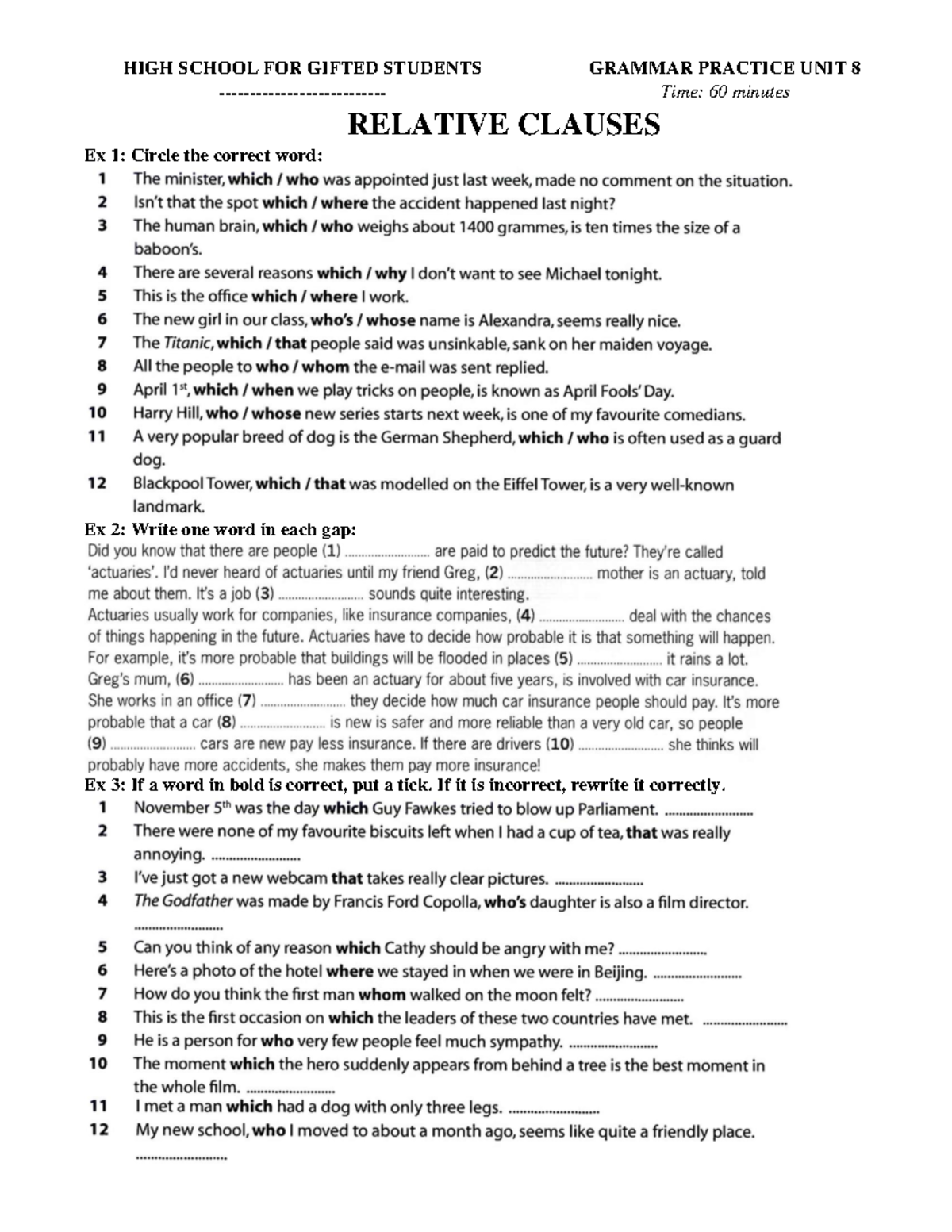 Relative clauses exercises - HIGH SCHOOL FOR GIFTED STUDENTS - GRAMMAR ...