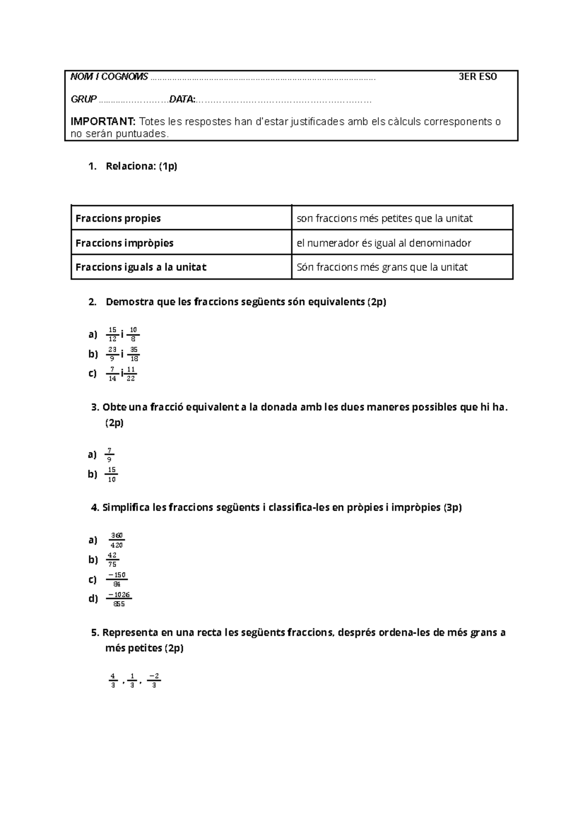 Prova curta Nombres Racionals CC - NOM I COGNOMS - Studocu