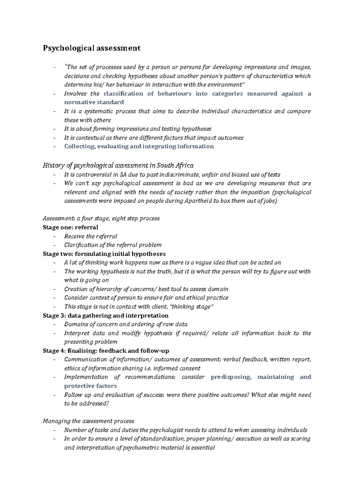 Psychological assessment N - informed consent Implementation of ...
