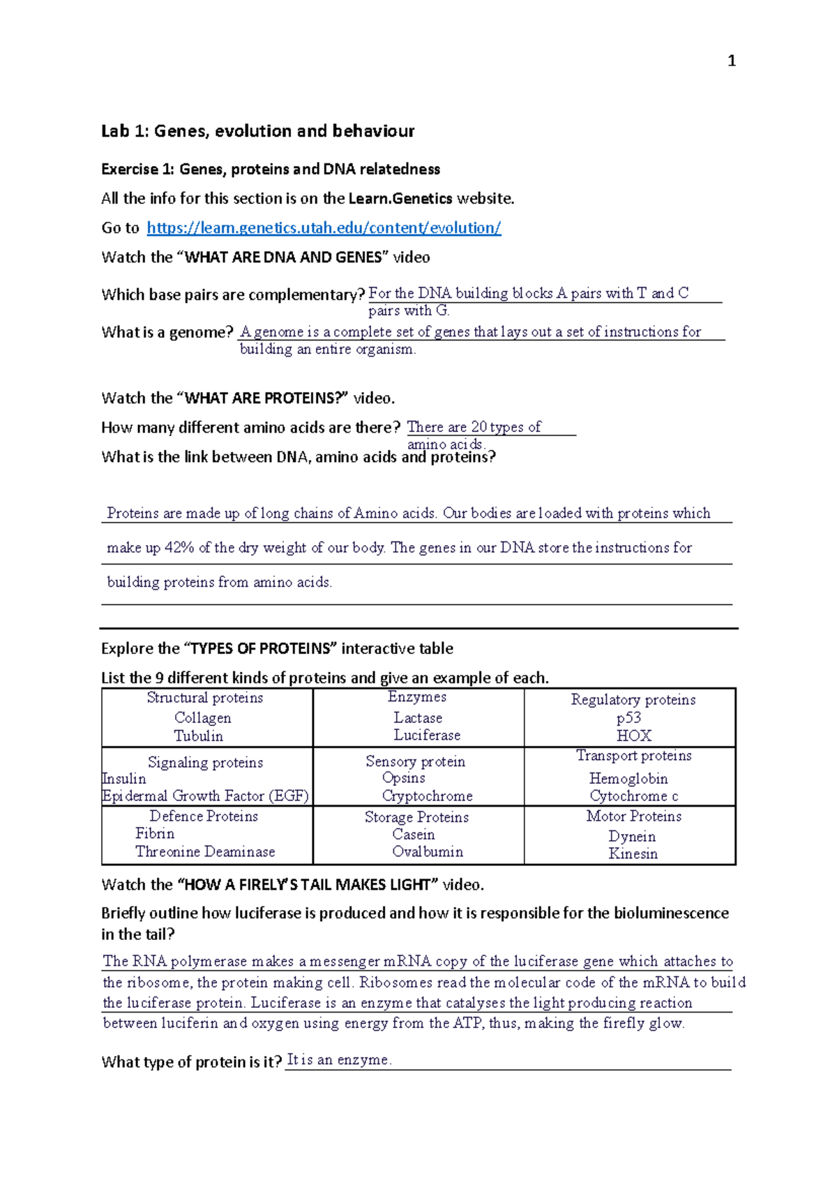 Lab 1 Genes, evolution and behaviour - 1 Lab 1: Genes, evolution and behaviour Exercise 1: Genes ...