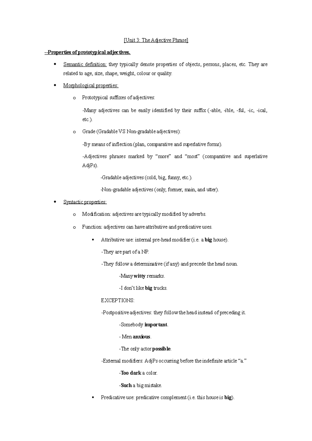 Notes_The Adjective Phrase - [Unit 3: The Adjective Phrase] -Properties ...