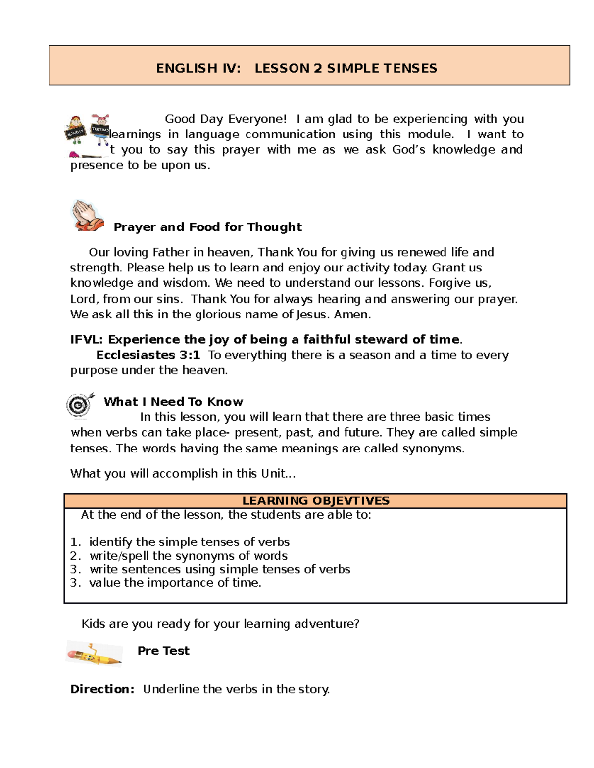 Lesson 2 Simple Tenses - Notes - ENGLISH IV: LESSON 2 SIMPLE TENSES ...