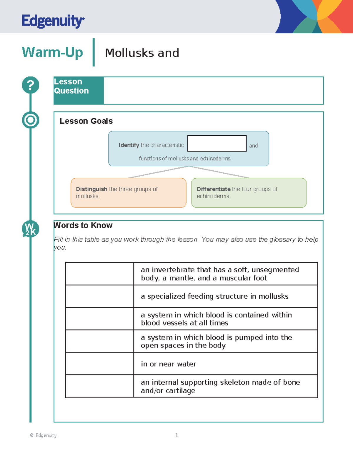 Mollusks and Echinoderms Warm up 2 - Words to Know Fill in this table ...
