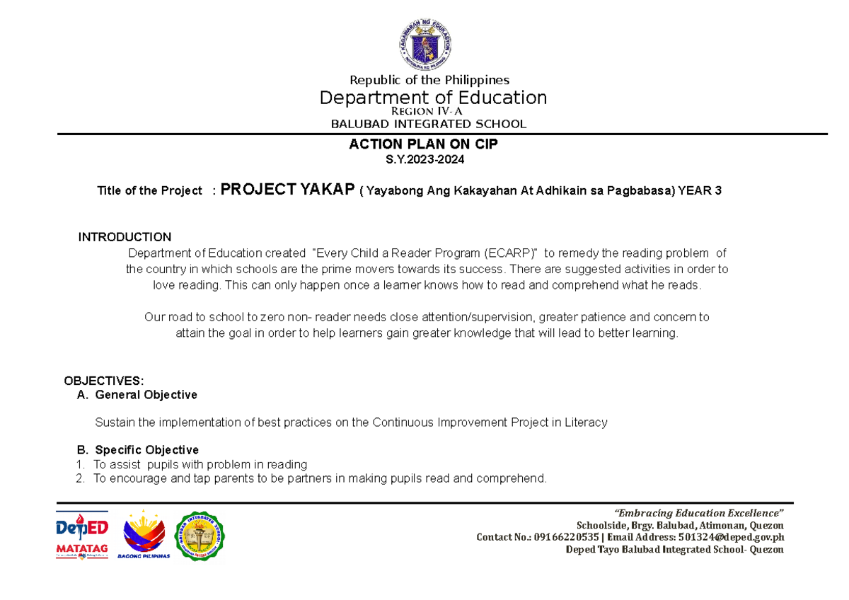 Project Yakap Action PLAN - BALUBAD INTEGRATED SCHOOL Department of ...