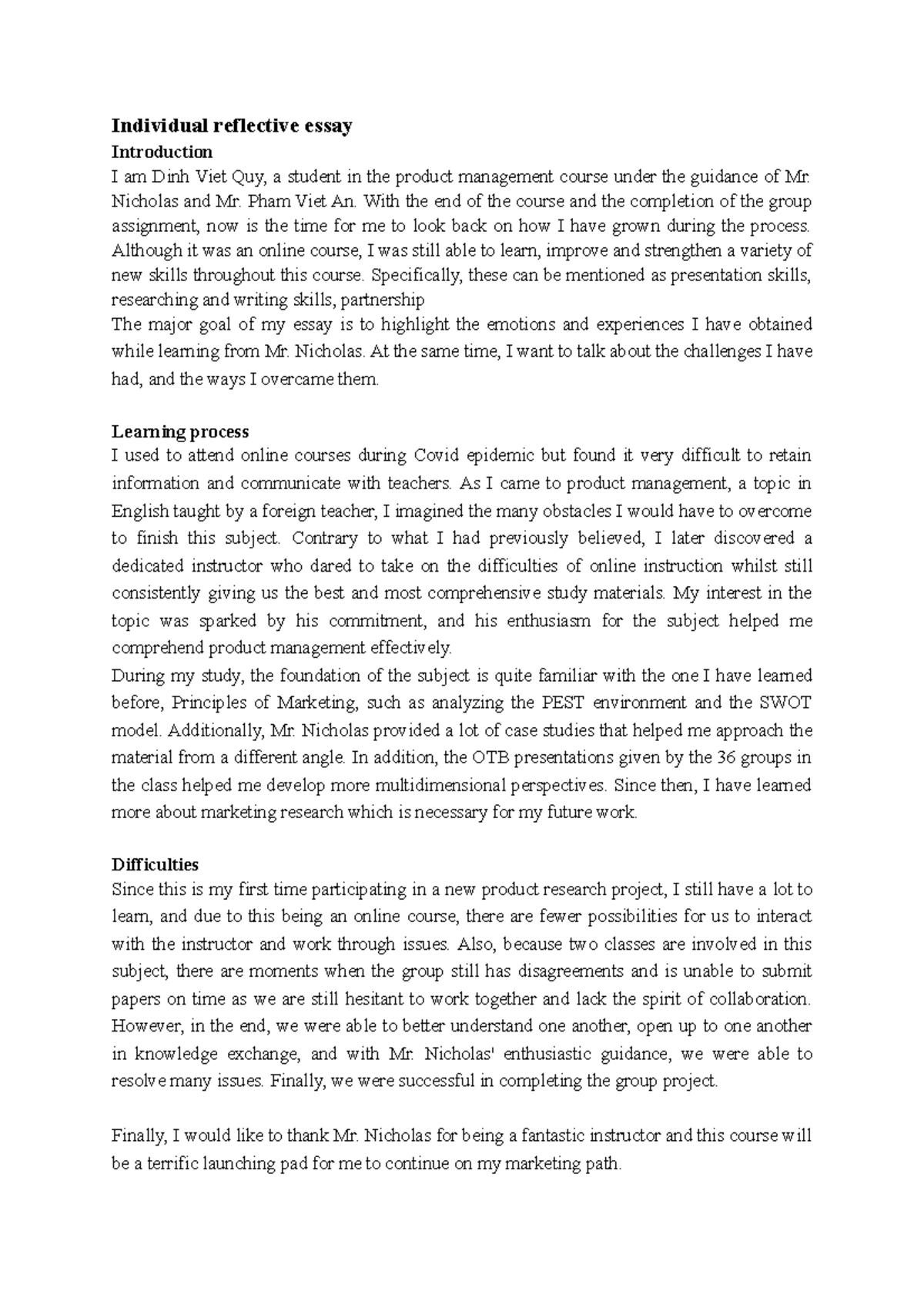 Individual reflective essay - Individual reflective essay Introduction ...