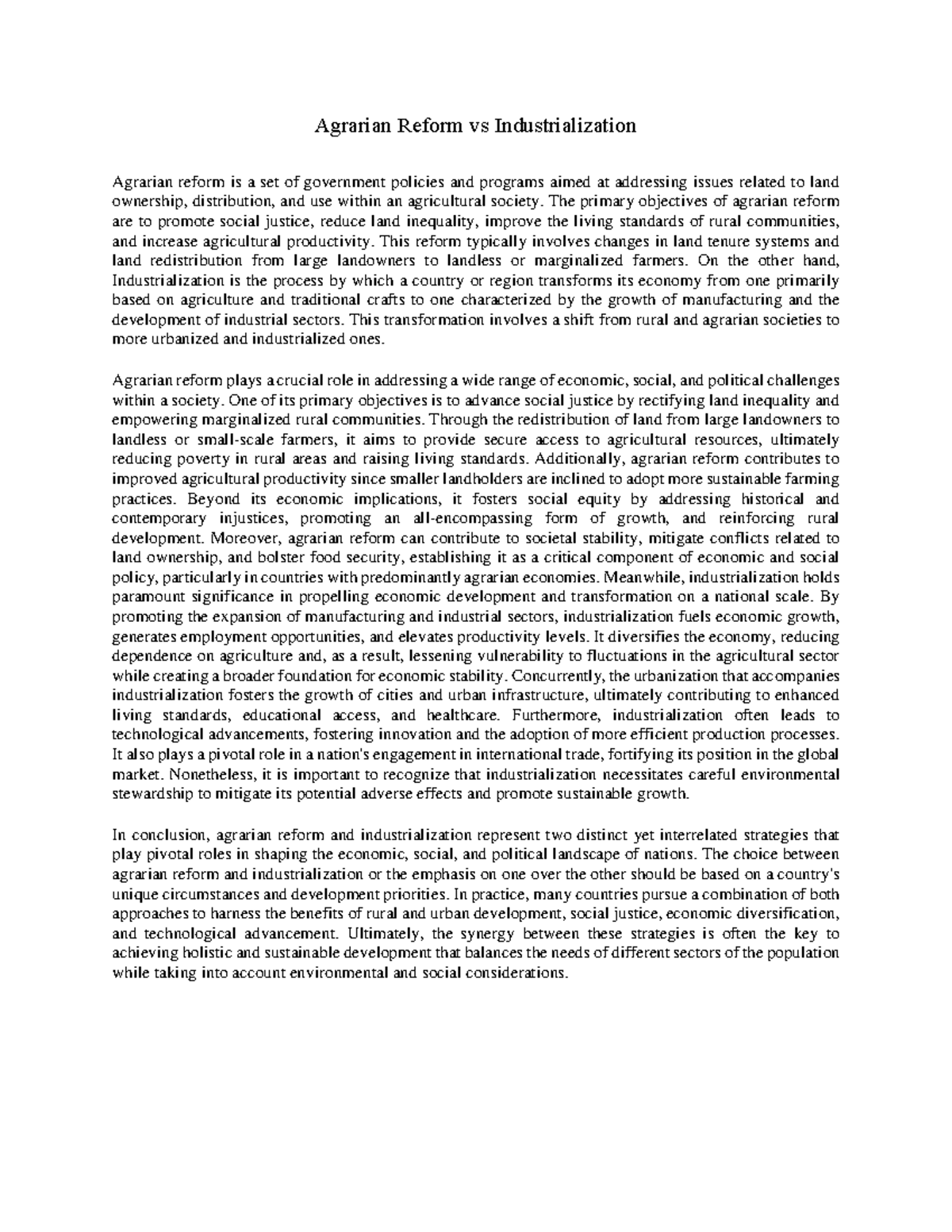 Agrarian Reform vs Industrialization - Agrarian Reform vs ...