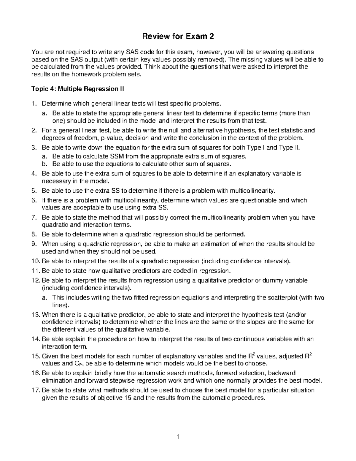 Review Exam 2 - notes - Review for Exam 2 You are not required to write ...