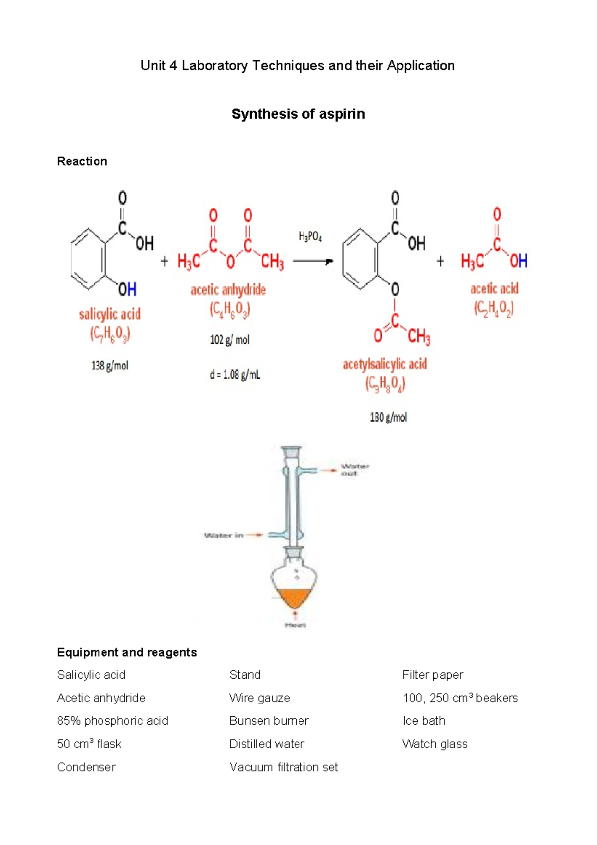 Synthesis of Aspirin practical sheet - Unit 4 Laboratory Techniques and their Application ...