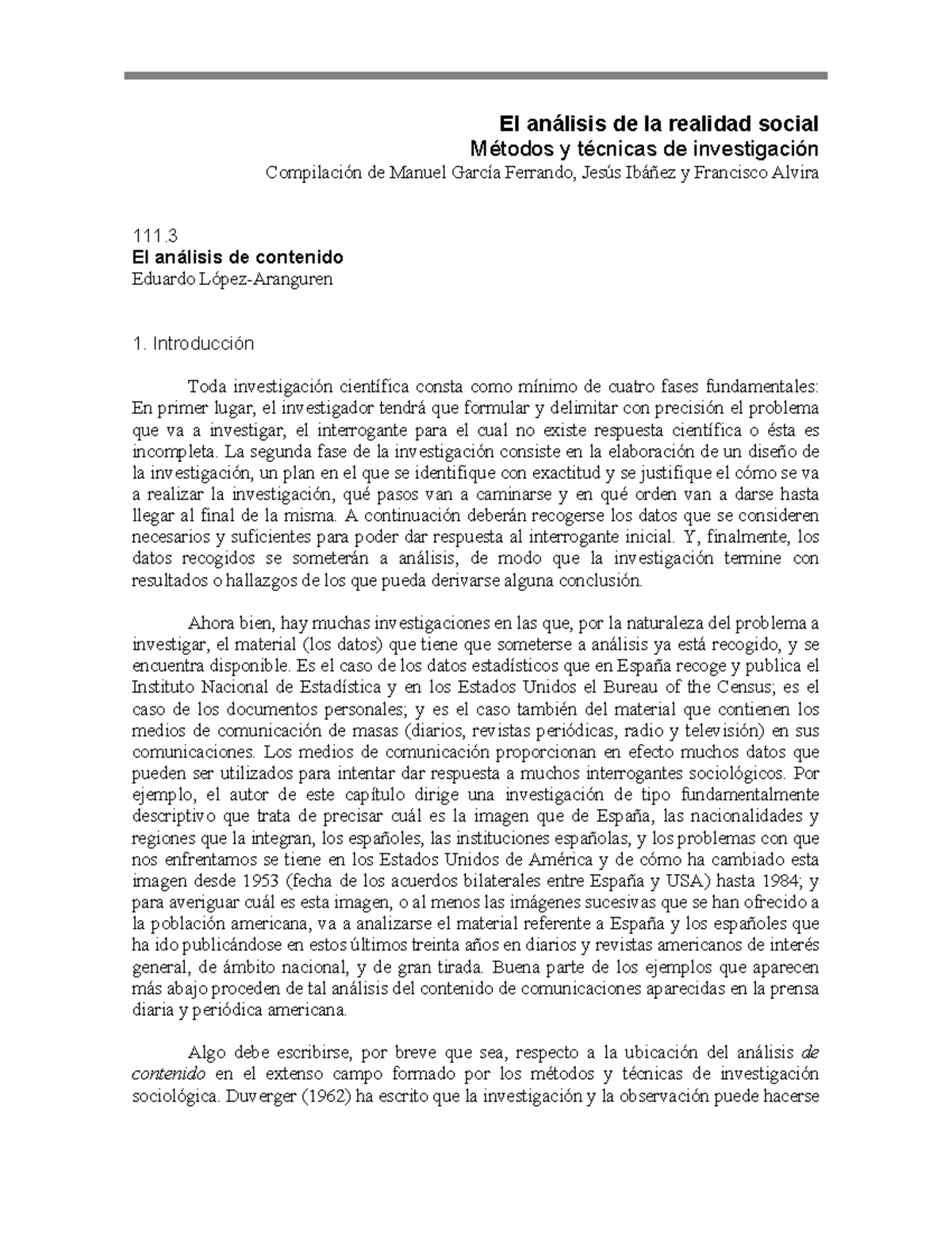 Lopez-aranguren analisis-de-contenido - El de la realidad social y de ...