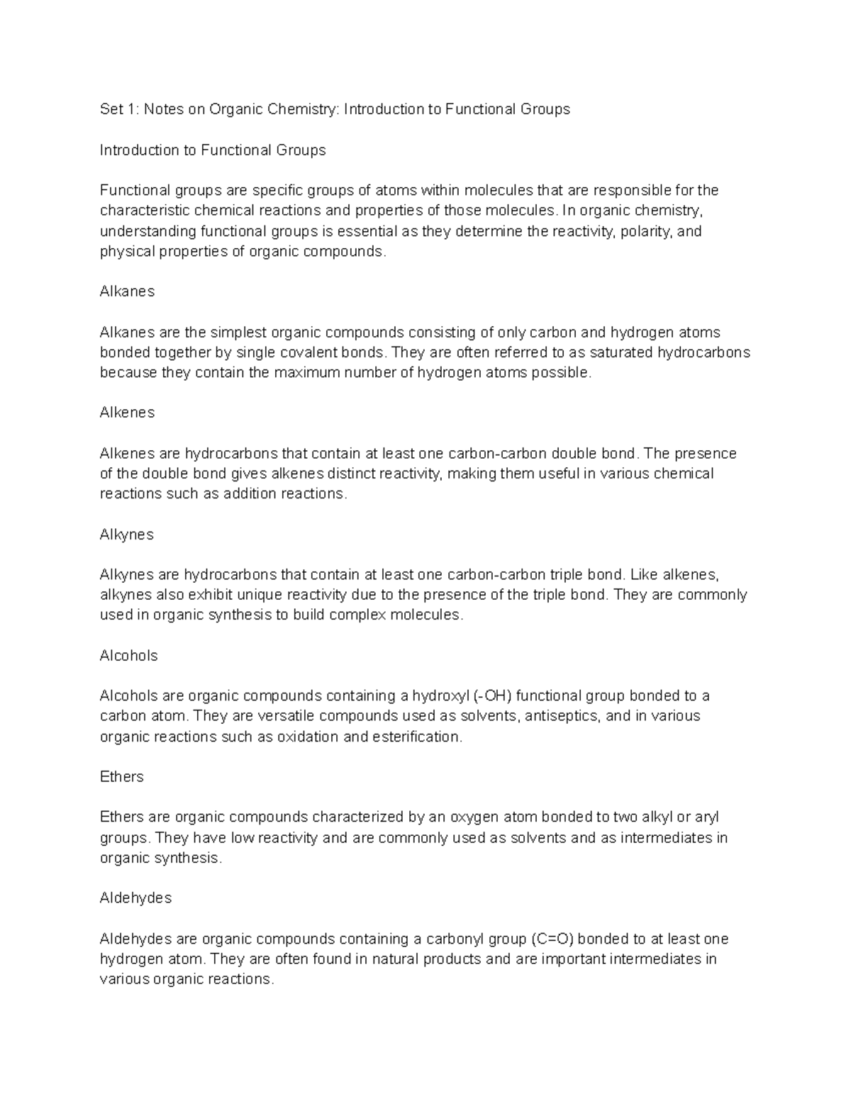 Chemsirty note - esf - Set 1: Notes on Organic Chemistry: Introduction ...